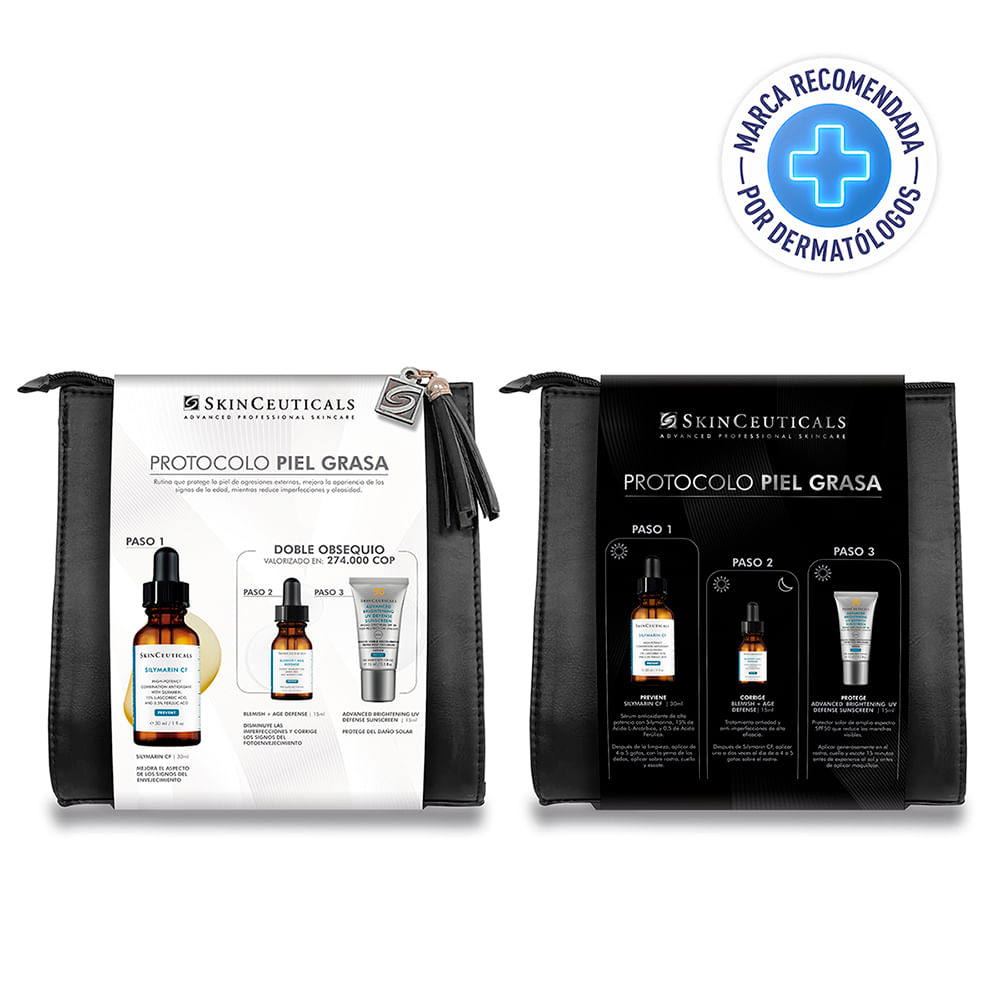 Kit Skinceuticals Protocolo Piel Grasa Silymarin Cf + Blemish Age Denfese + Protector solar